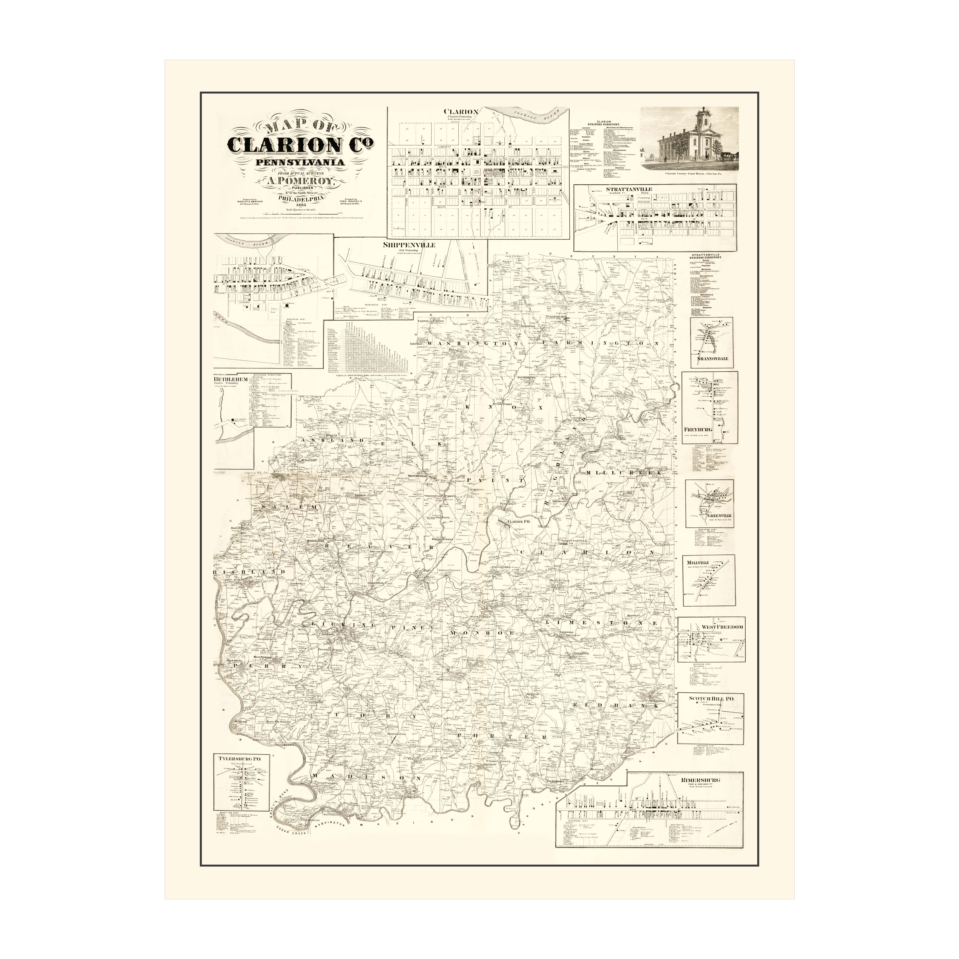 Clarion County Pennsylvania Art, 1865 Vintage Map of Clarion County PA ...
