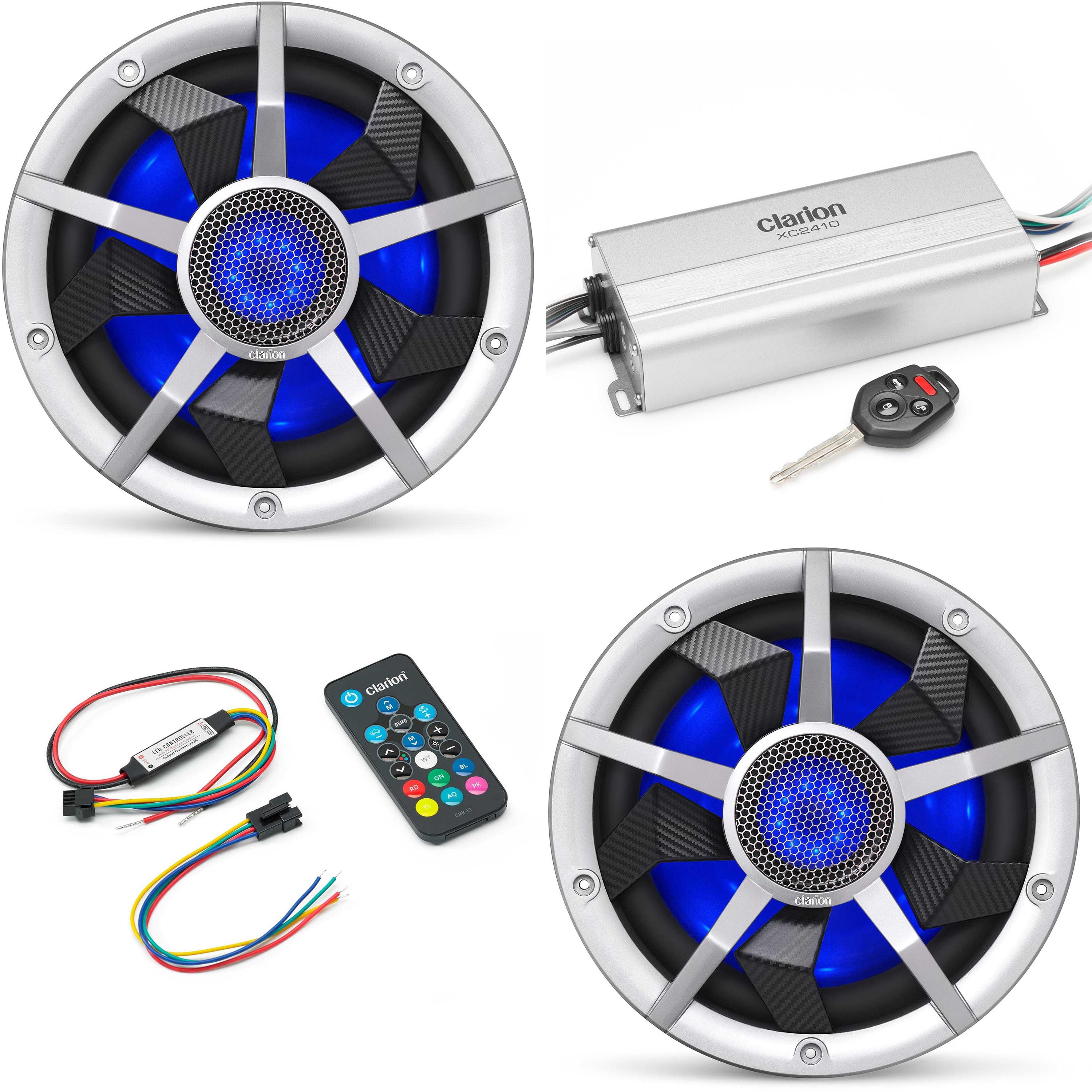 Clarion Marine 4 Channel Amp & (2) 10" Silver Grill Boat Audio Upgrade ...