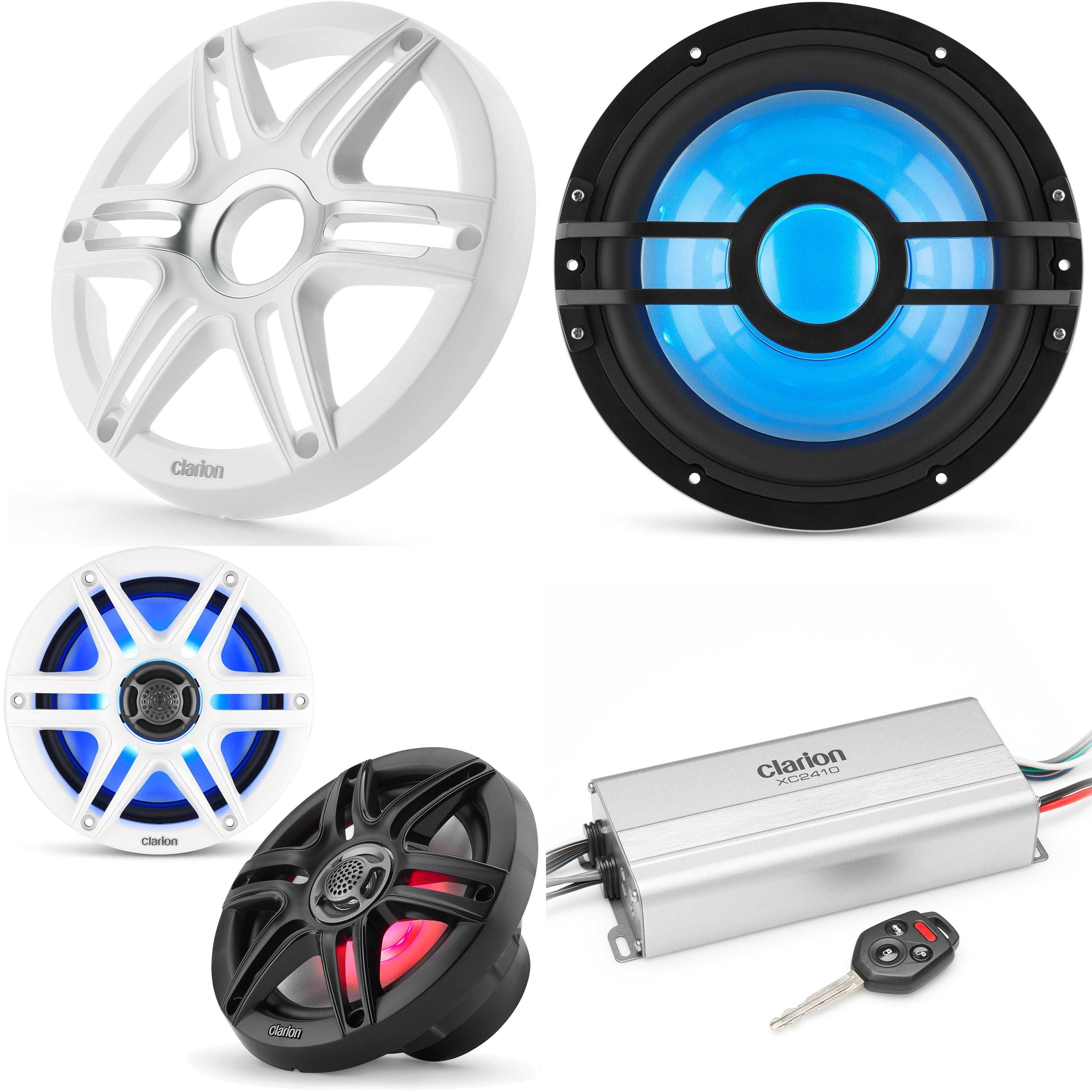 Clarion Marine 4 Channel Amp & 6.5" w/ 10" White Grill Boat Audio ...
