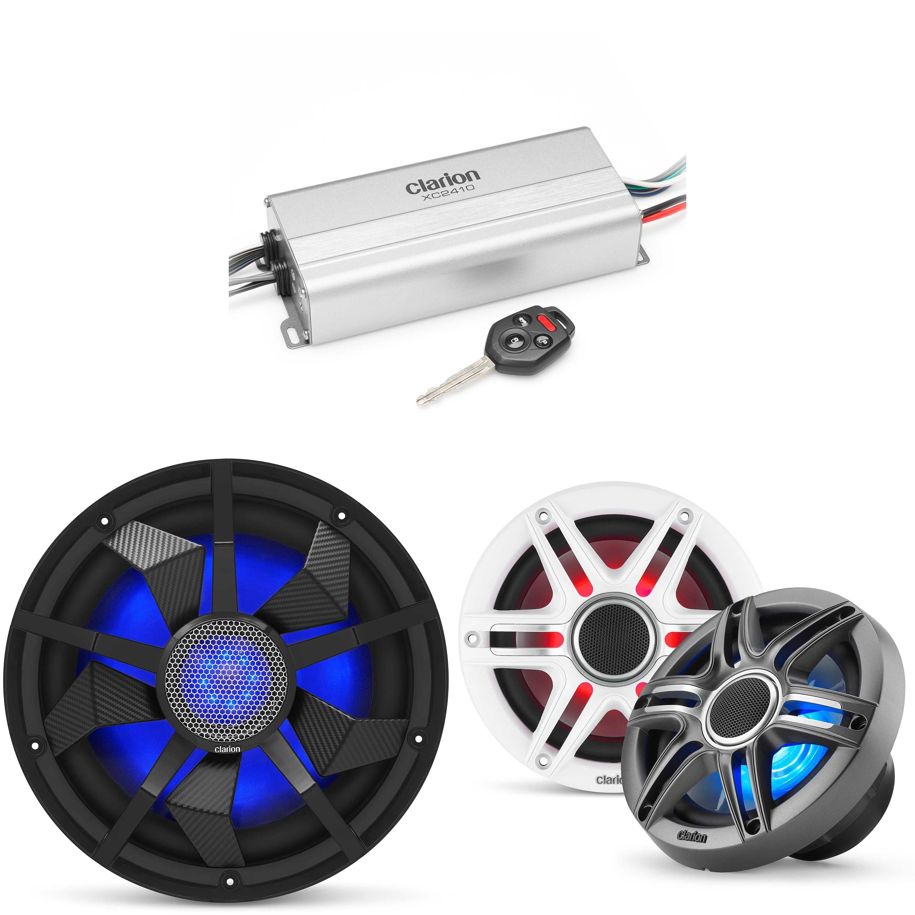 Clarion Marine 4 Channel Amp & Premium 6.5" w/ 12" Black Grill Boat ...