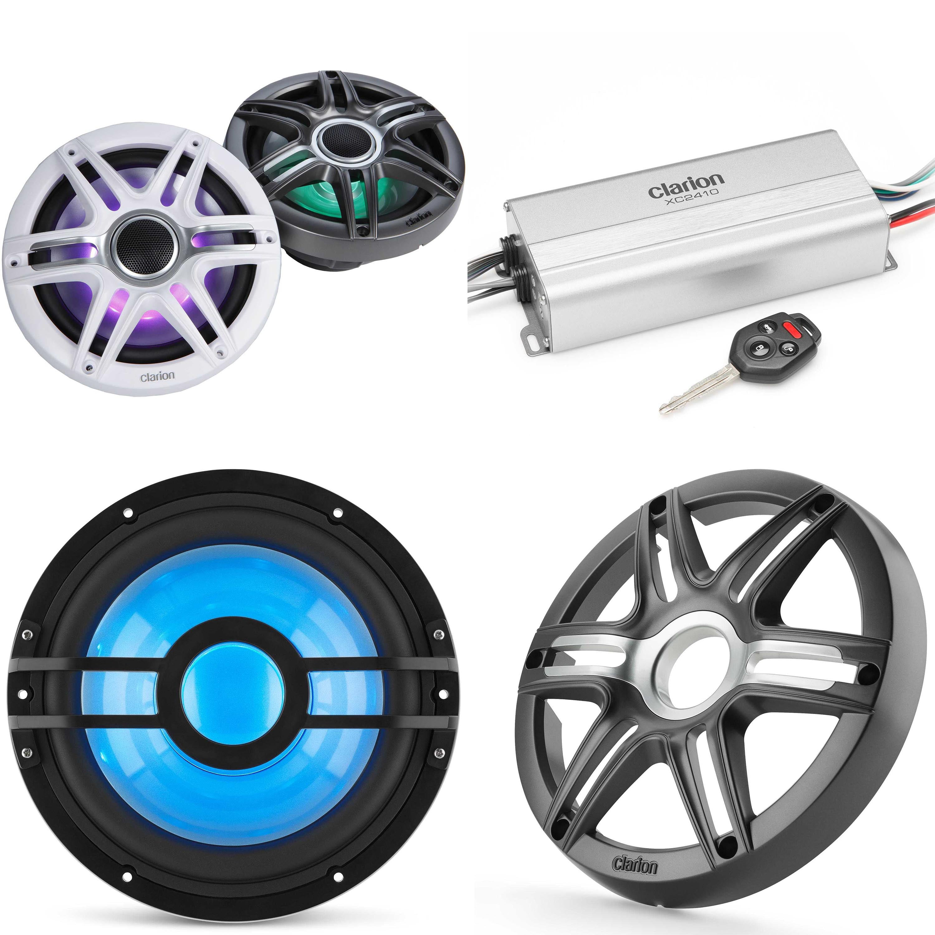 Clarion Marine 4 Channel Amp & Premium 7.7" w/ 10" Grey Grill Boat ...