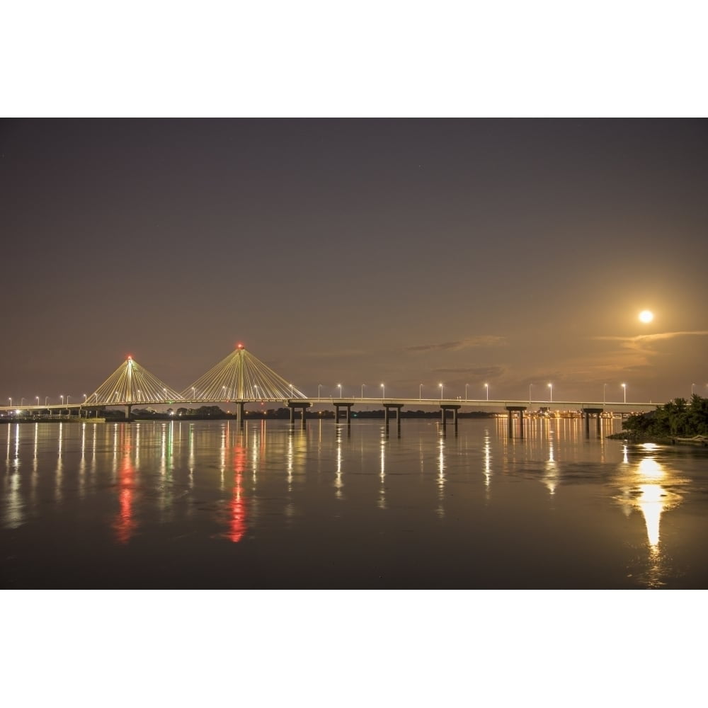 Clark Bridge at night over Mississippi River and full moon Alton ...