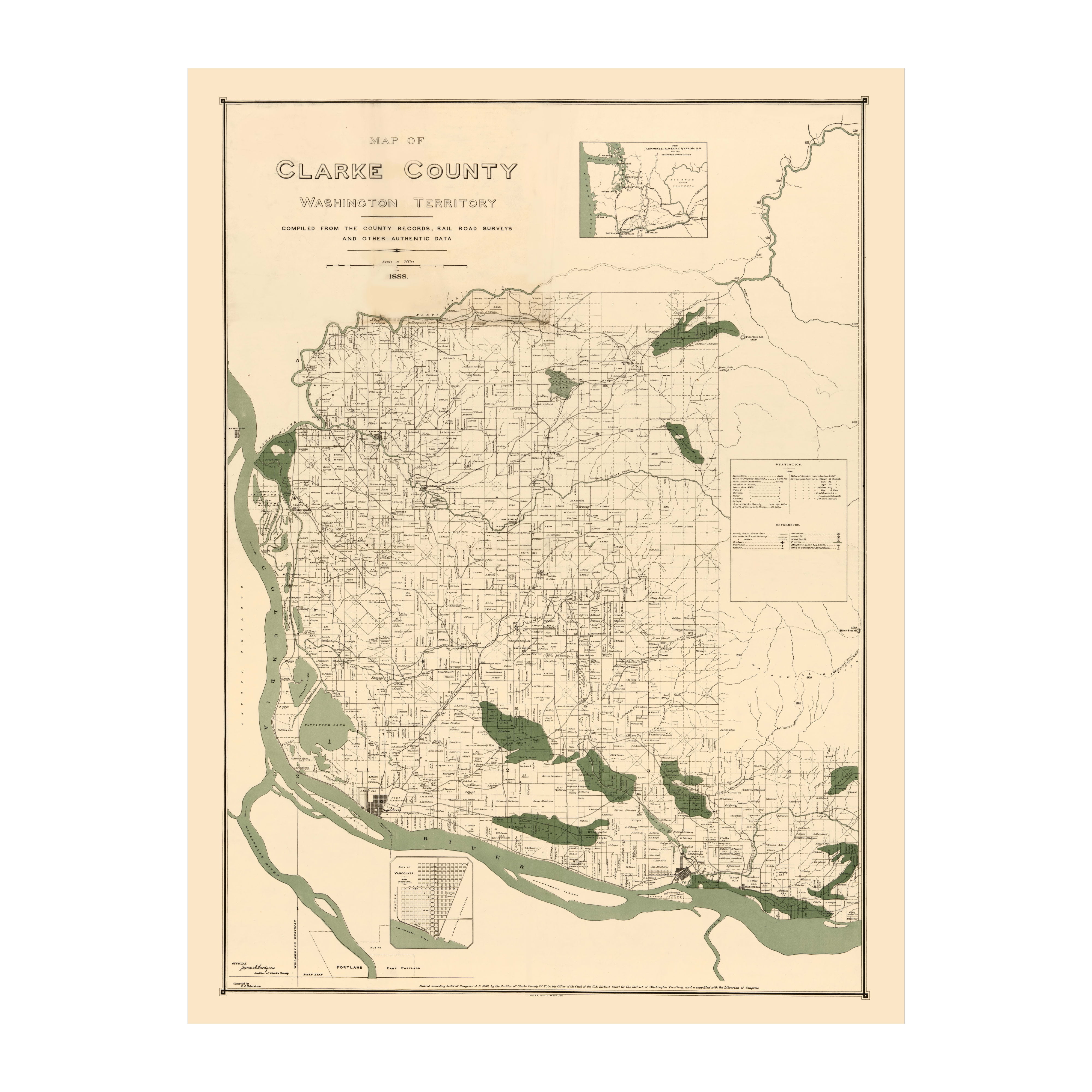 Clark County Washington Art, 1888 Vintage Map of Clark County WA ...