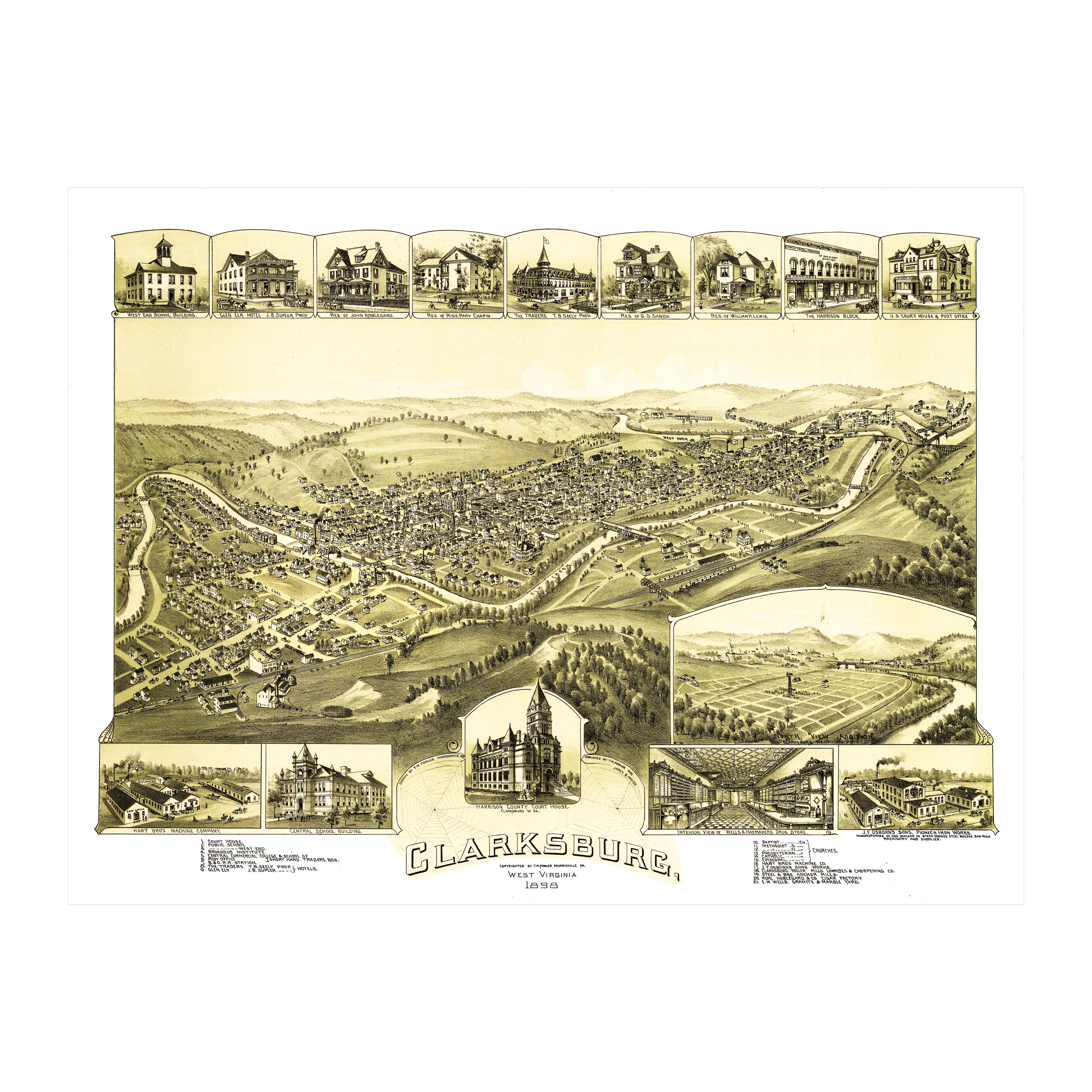 Clarksburg Art, 1898 Vintage Map of Clarksburg West Virginia, WV ...