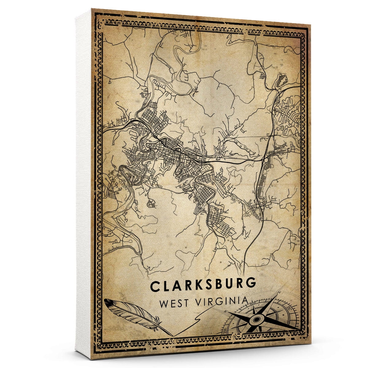 Clarksburg Vintage Map Prints Canvas, West Virginia Map Art Canvas ...