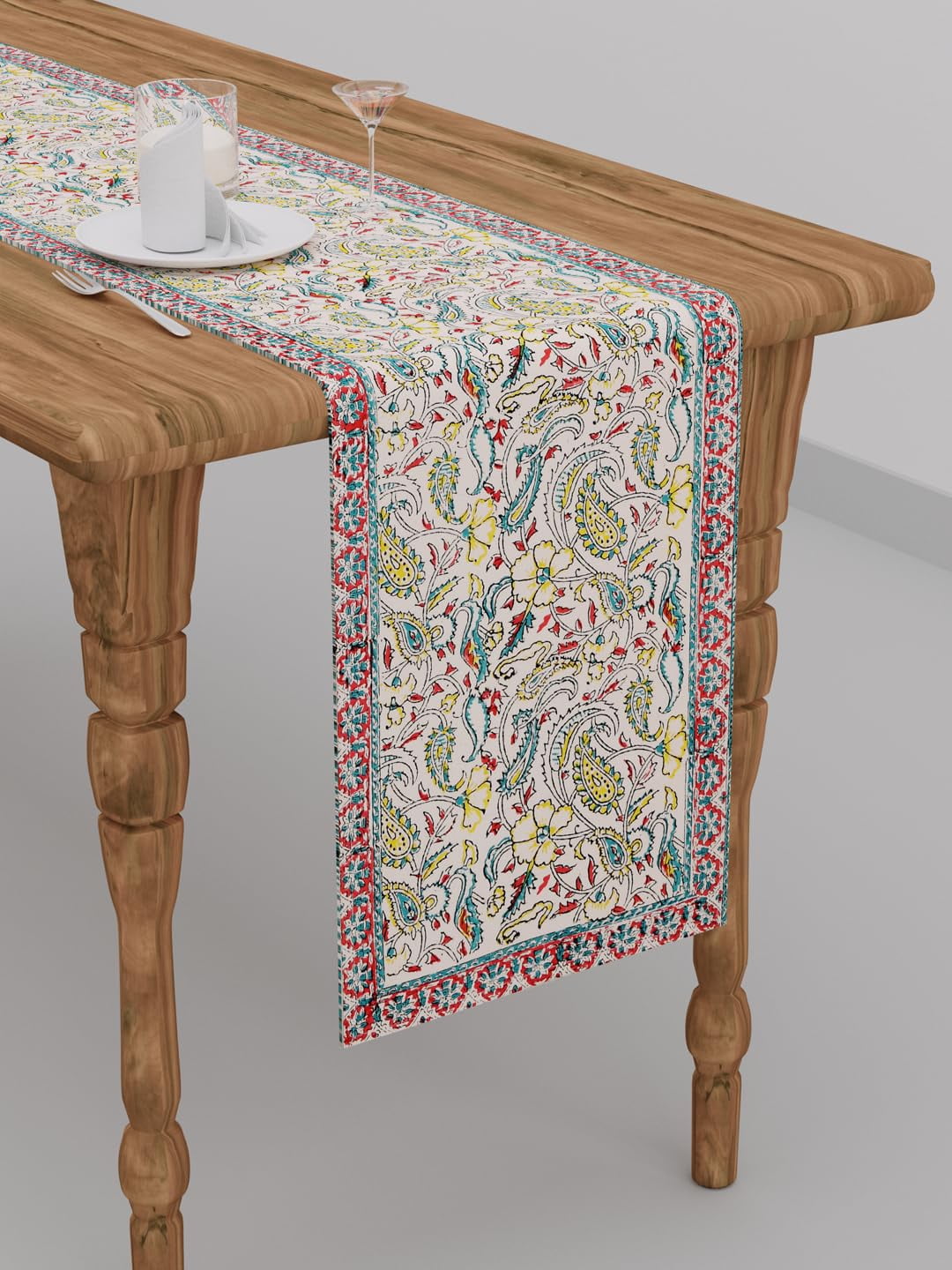 Clasiko Hand Block Table Runner 13x70 Inches Multicolor Leaves 300 TC ...