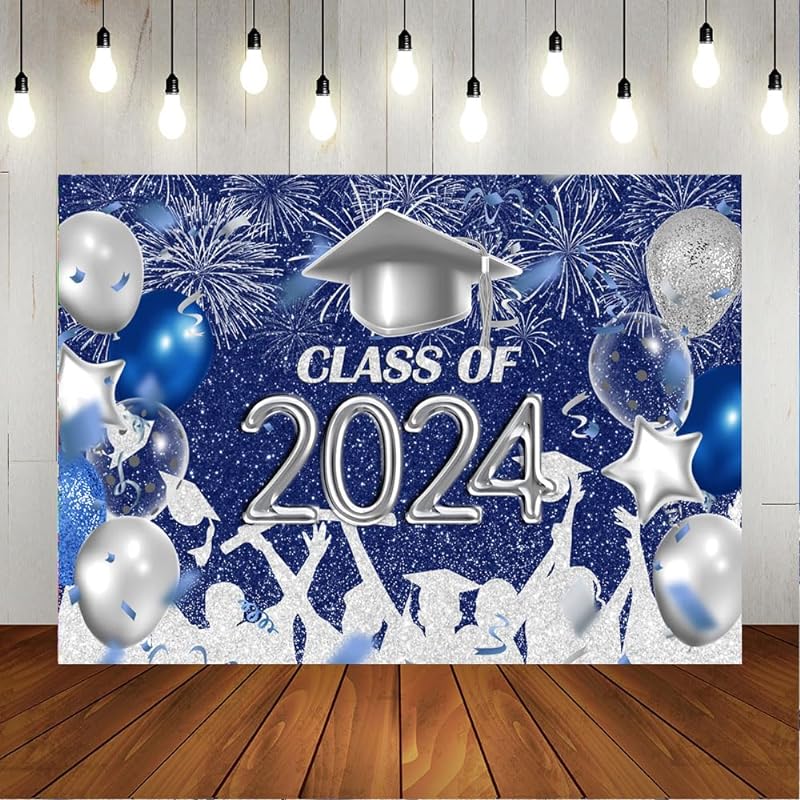 Class of 2024 Party Photography Backdrop Royal Blue and Silver Congrats ...