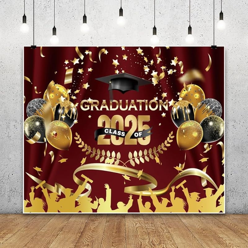 Class of 2025 Backdrop Black Gold Balloon Graduation Party Red ...