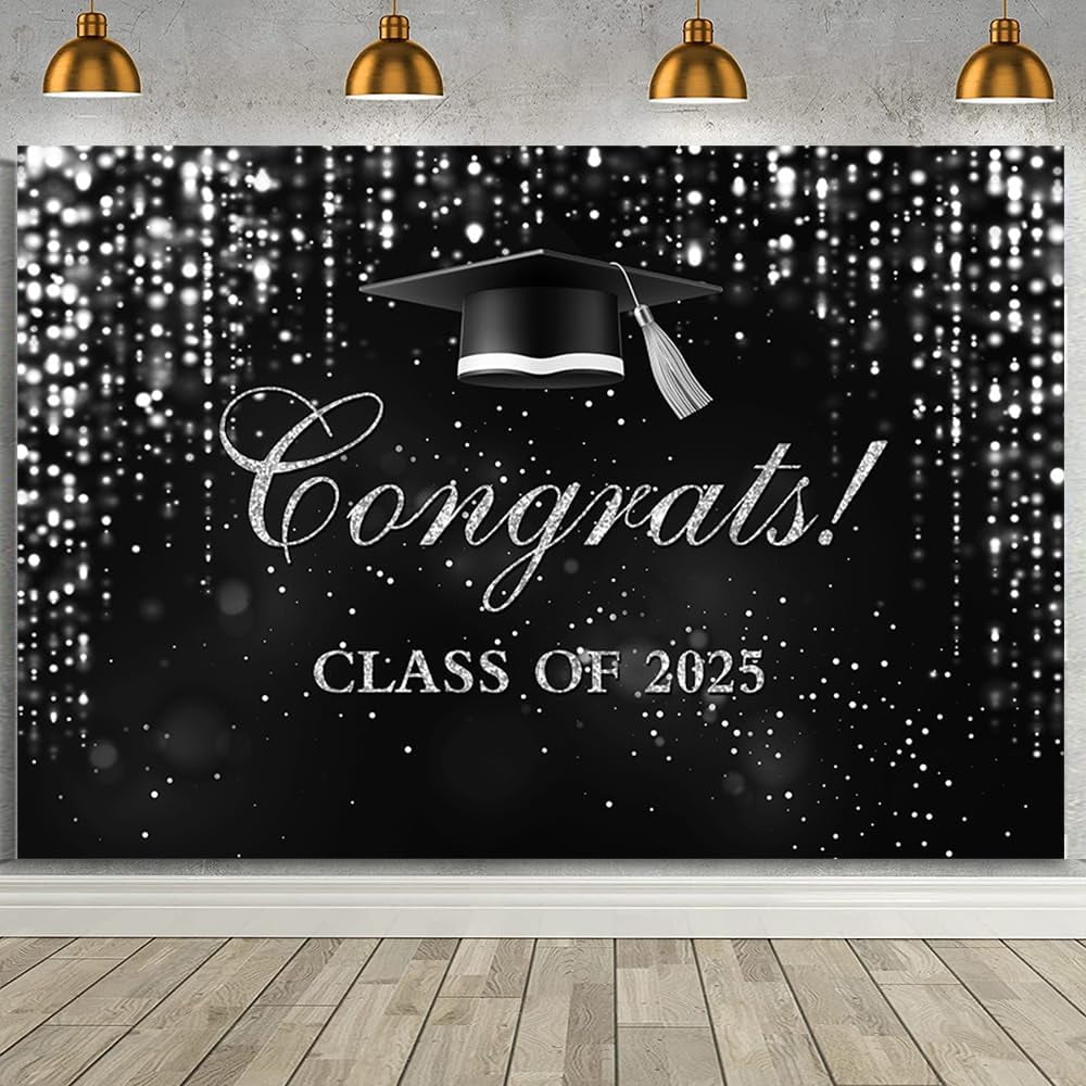 Class of 2025 Graduation Backdrop Black Silver Congrats Grad ...