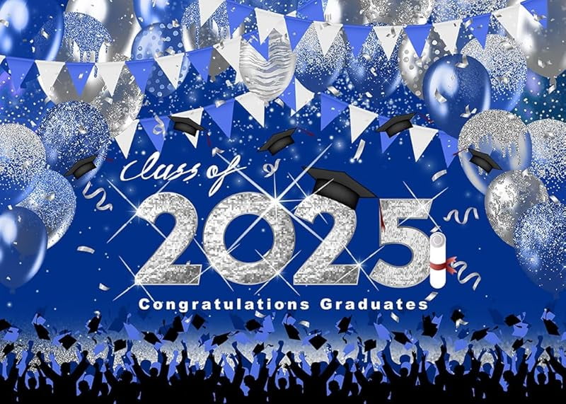 Class of 2025 Graduation Backdrop Blue and Silver Balloons ...
