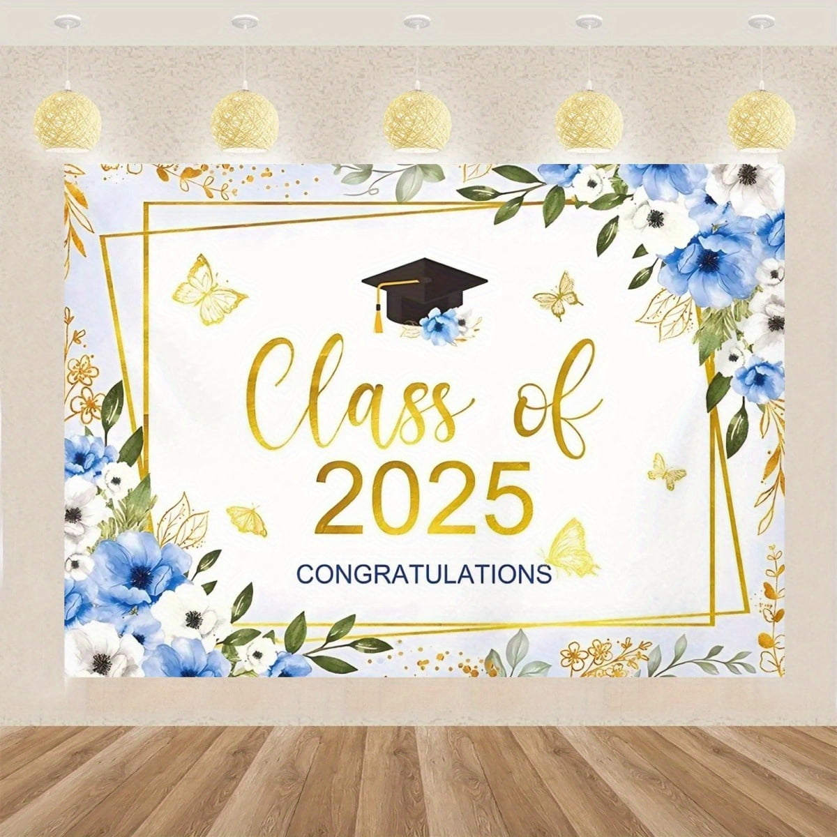 Class of 2025 Graduation Backdrop & Party Banner - Blue Floral Golden ...