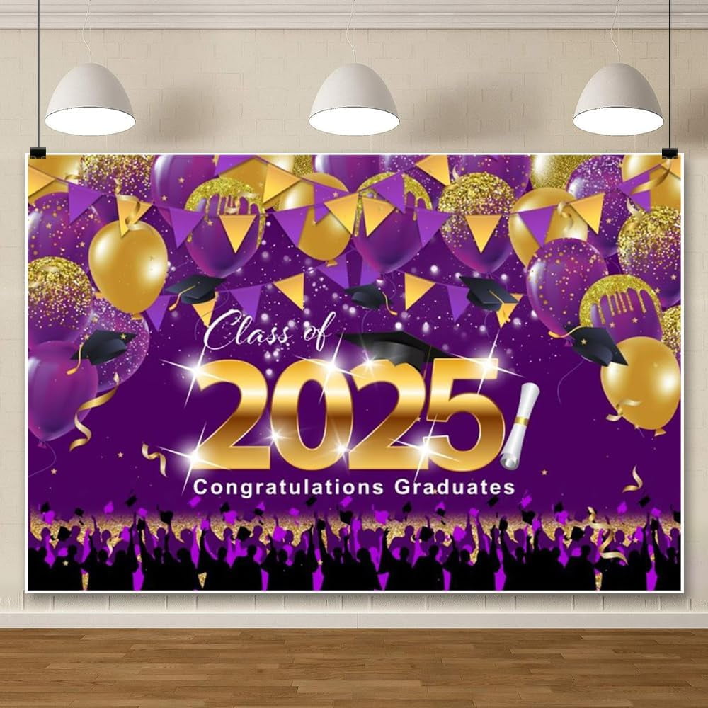 Class of 2025 Graduation Backdrop Purple Gold Glitter Balloons Bachelor ...