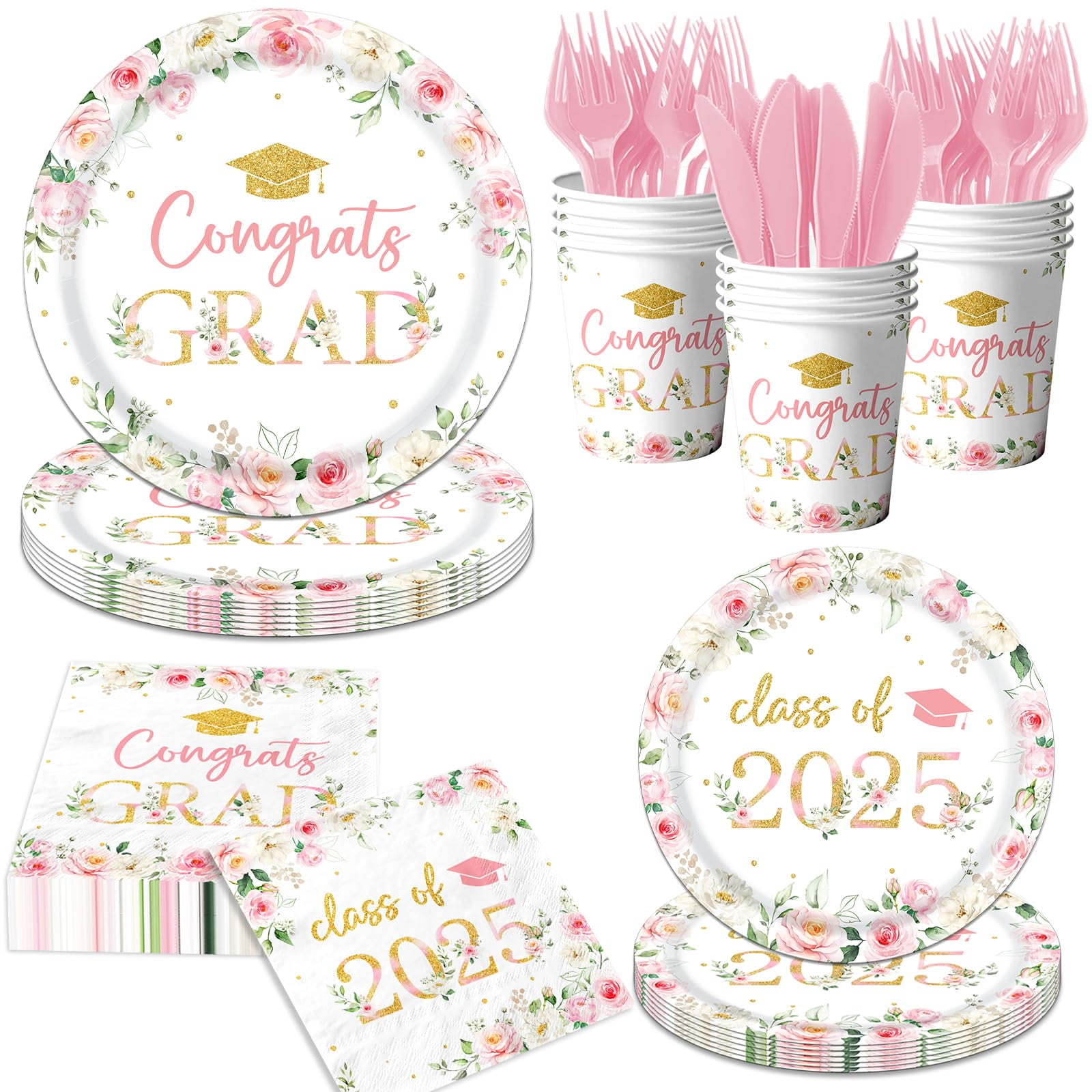 Class of 2025 Graduation STF9 Party Supplies,150Pcs Floral Congrats ...