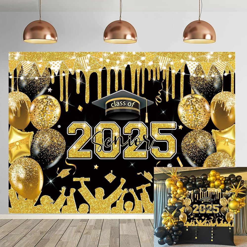 Class of 2025 Senior Graduation Backdrop Black Gold Glitter Balloon ...