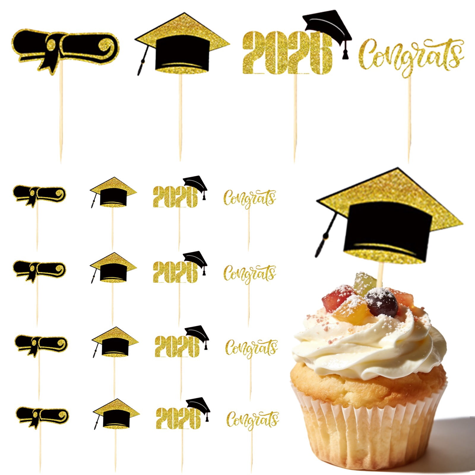 Class Of 2026 16 Pack Graduation Cupcake Toppers Glitter Grad Cap ...