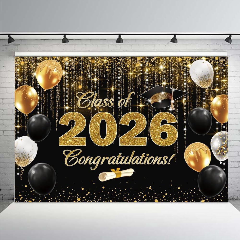 Class of 2026 Graduation Backdrop Black and Gold Congrats Grad ...