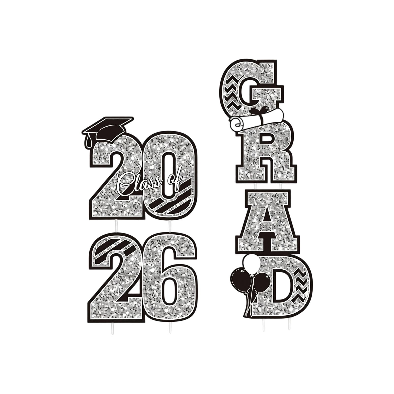 Class of 2026 Graduation Yard Sign Set Silver Glitter Decor 4 Piece ...