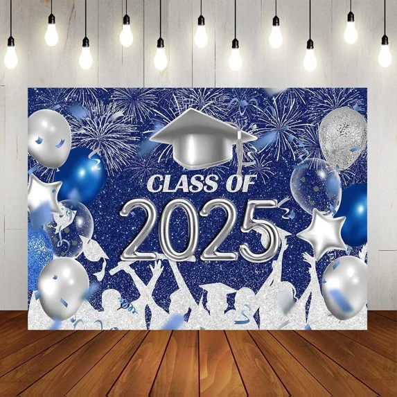 Class Of 2025 Party Photography Backdrop Royal Blue And Silver Congrats ...