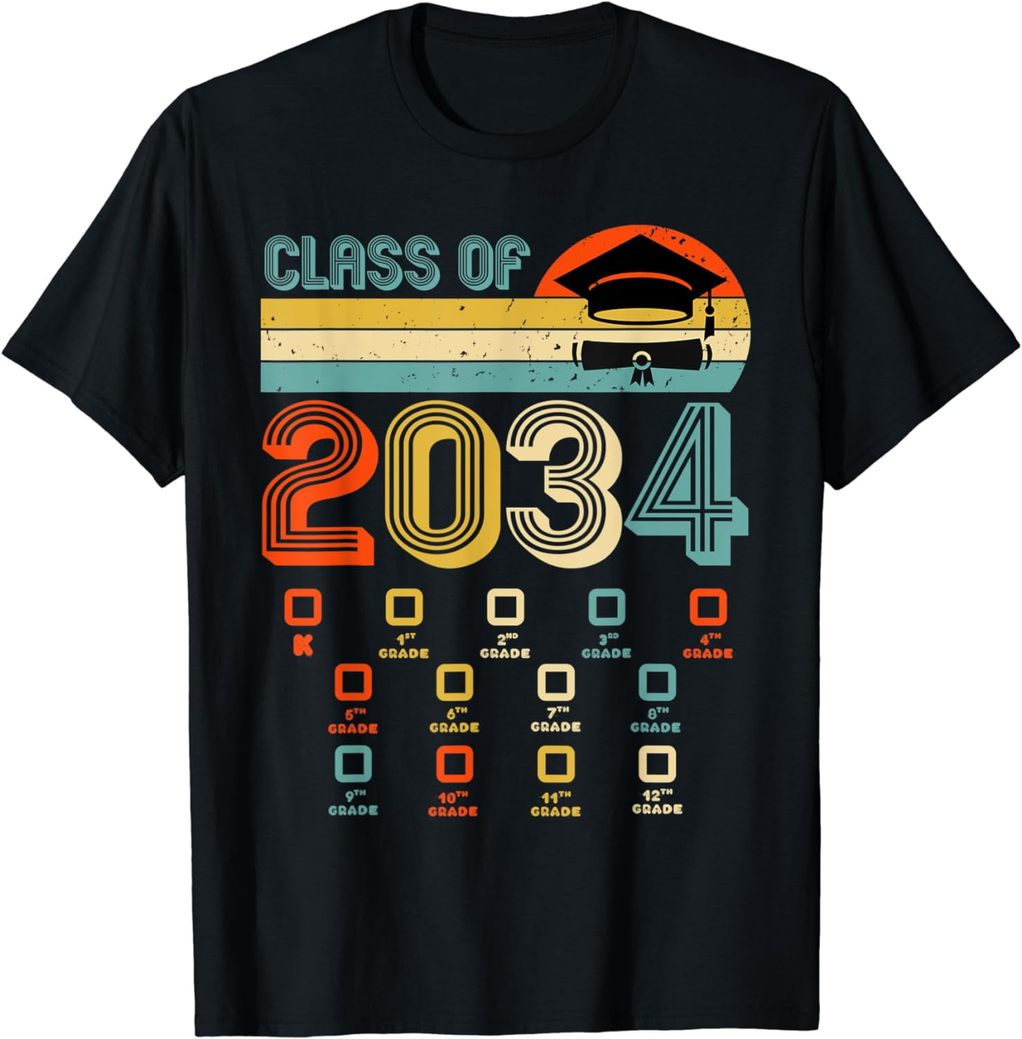 Class Of 2034 Grow With Me Checklist Graduate Colorful Retro T-Shirt ...