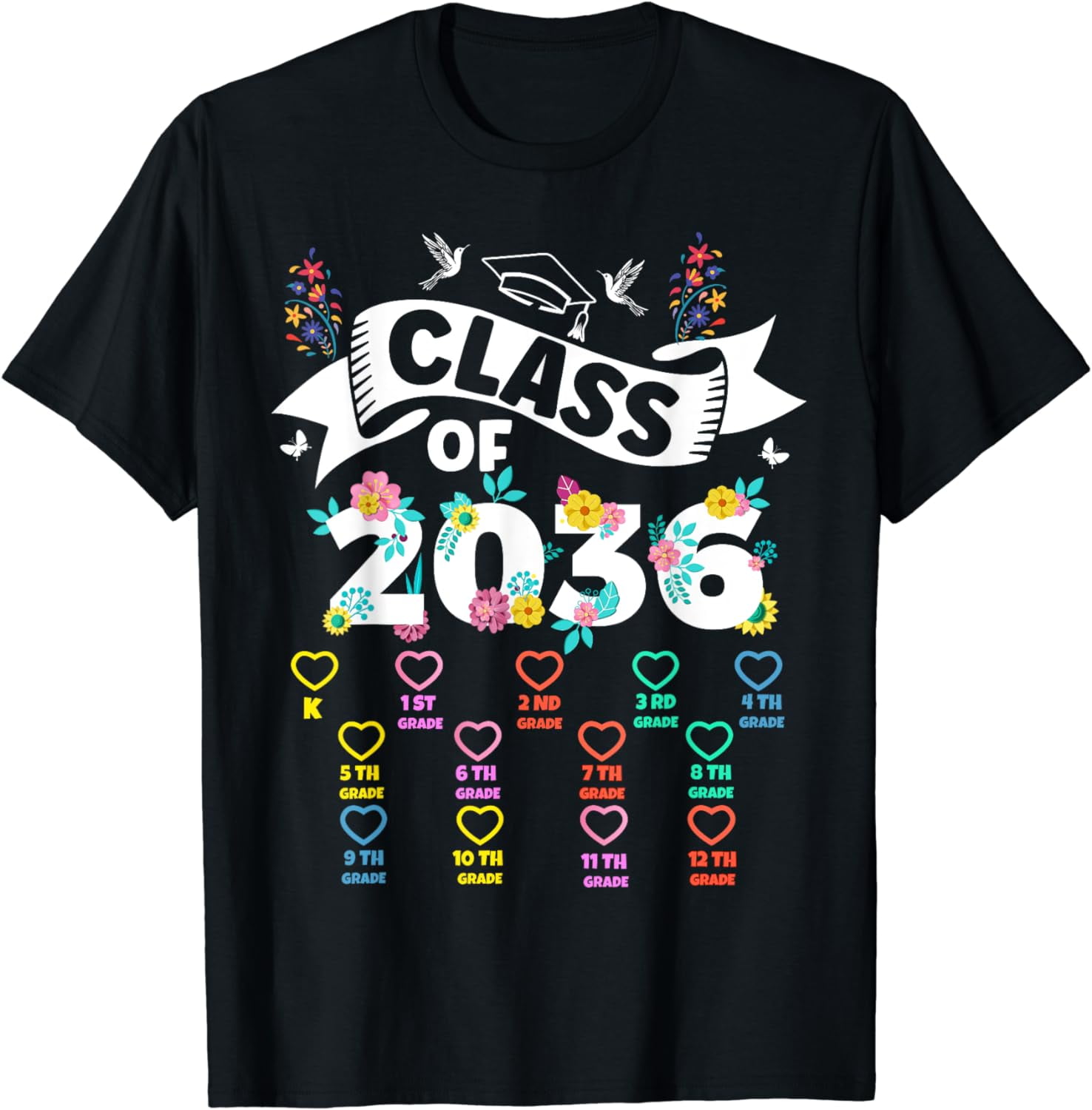 Class Of 2036 Grow With Me Checklist Graduation Floral T-Shirt ...