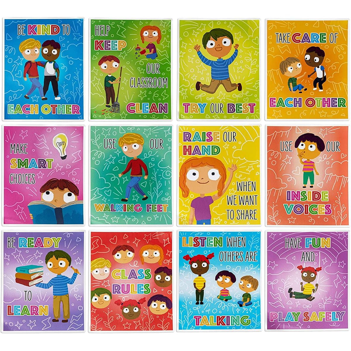 Class Rules Posters for Preschool, Teacher Classroom Supplies (12 Pack ...