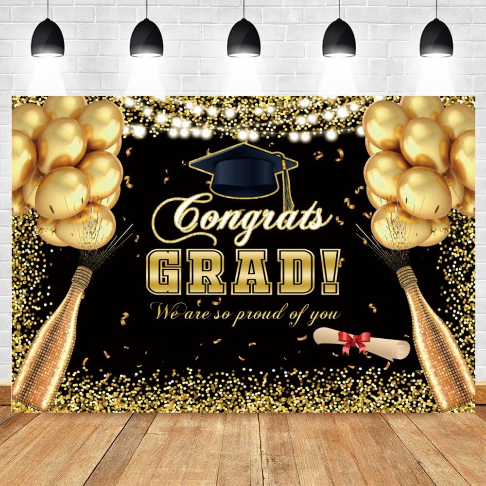 Class of 2023 Graduation Backdrop Black Gold Glitter Balloons Congrats ...