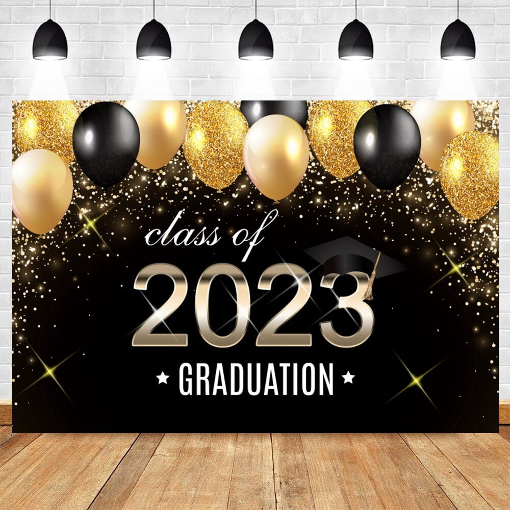 Class of 2023 Graduation Backdrop Black Gold Glitter Balloons Congrats ...