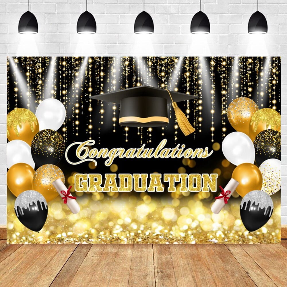 Class of 2023 Graduation Backdrop Black Gold Glitter Balloons Congrats ...