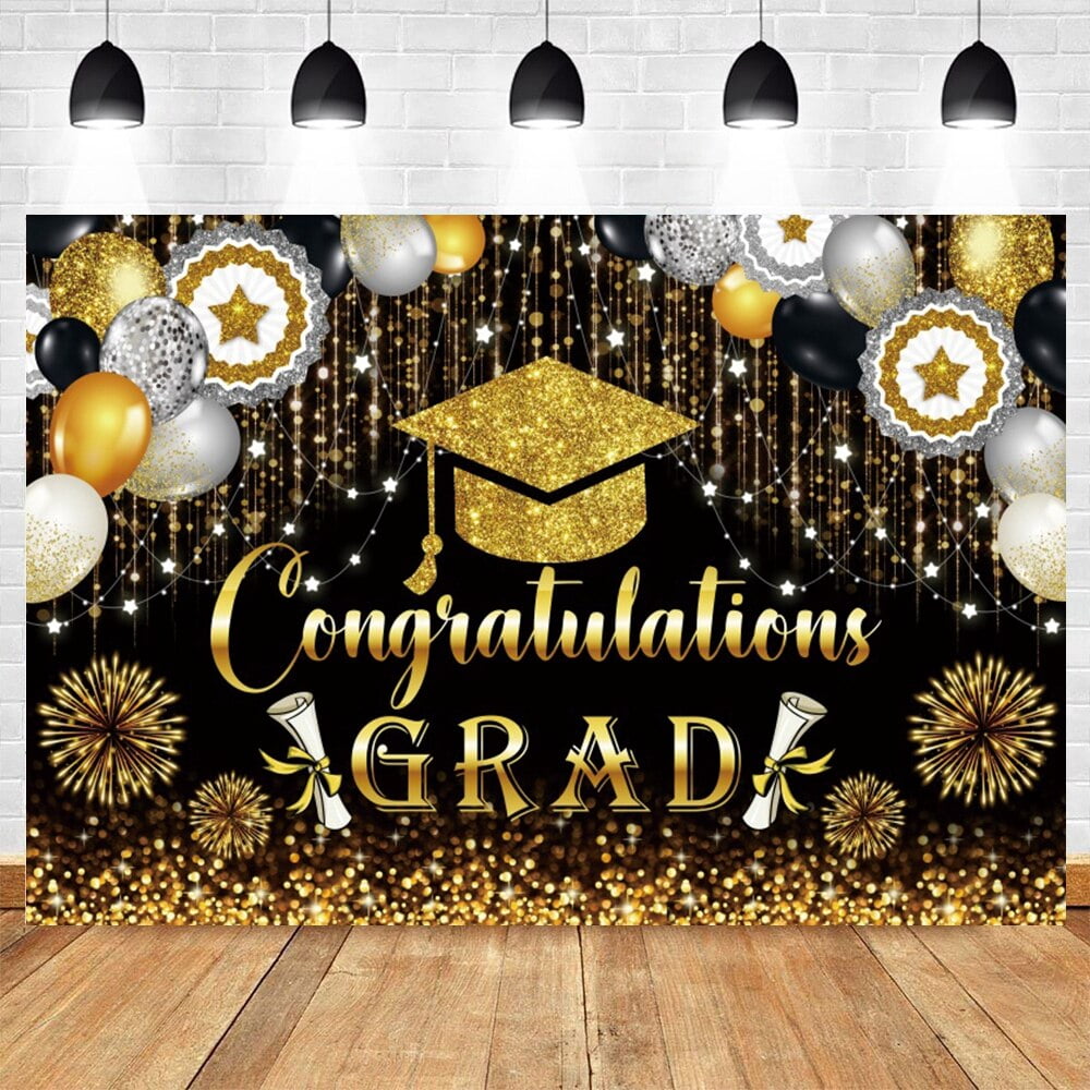 Class of 2023 Graduation Backdrop Black Gold Glitter Balloons Congrats ...