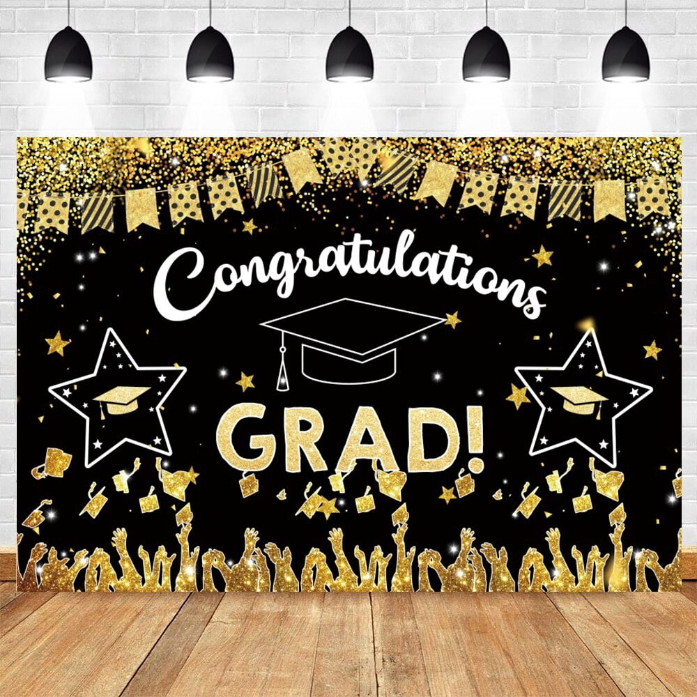 Class of 2023 Graduation Backdrop Black Gold Glitter Balloons Congrats ...