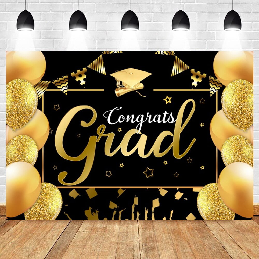 Class of 2023 Graduation Backdrop Black Gold Glitter Balloons Congrats ...