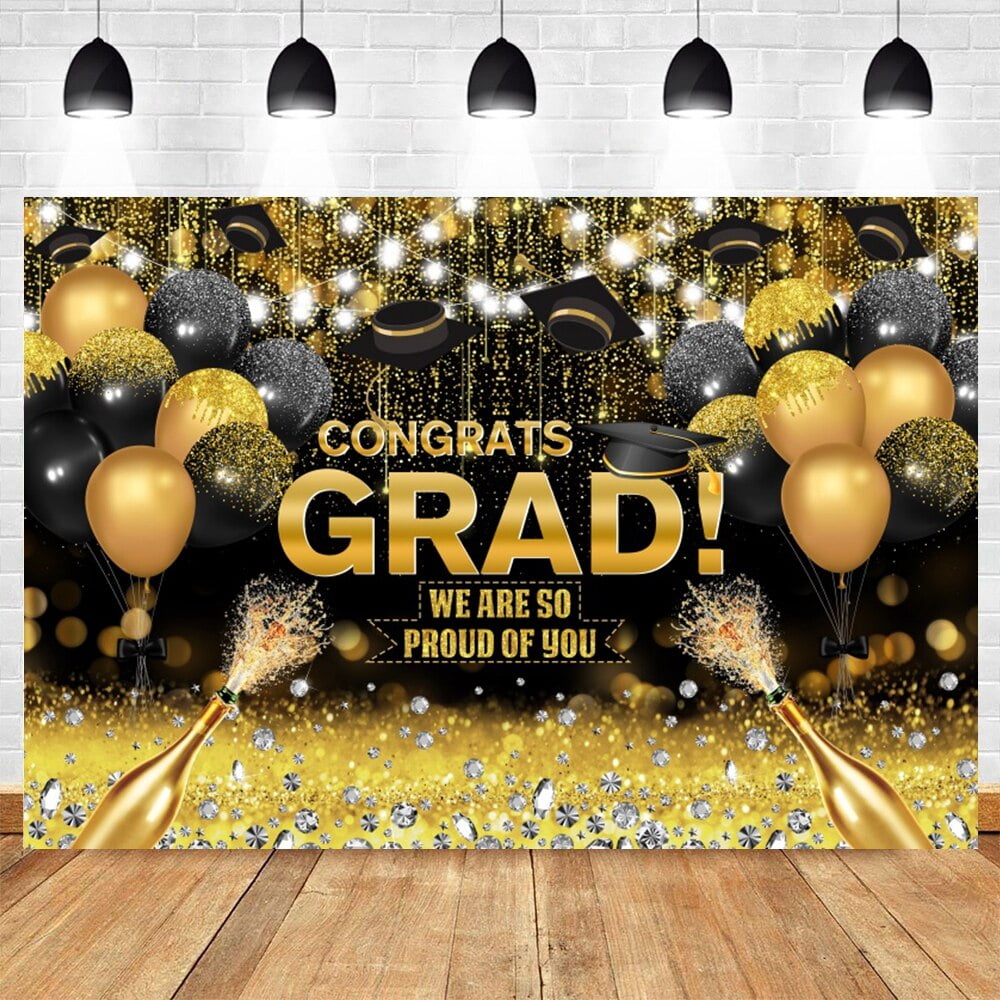 Class of 2023 Graduation Backdrop Black Gold Glitter Balloons Congrats ...
