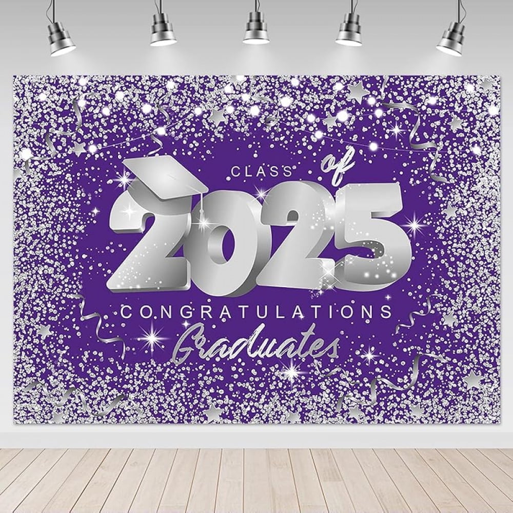 Class of 2025 Backdrop Purple and Silver Glitter Congrats Grad Party ...