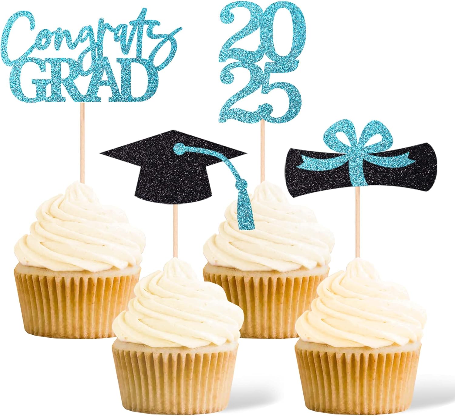 Class of 2025 Graduation Cake Toppers, 24pcs Light Blue & Black, Double ...