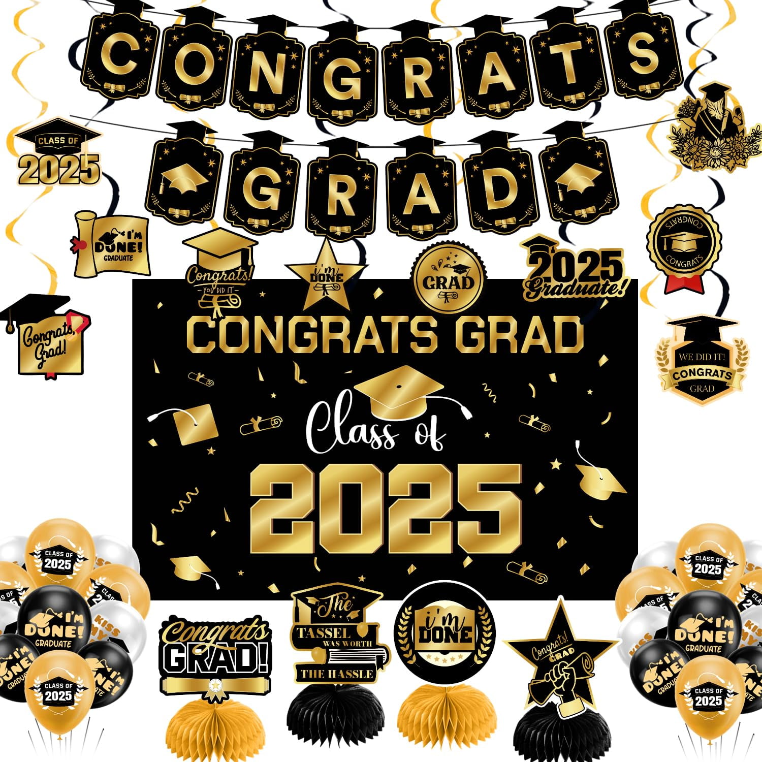 Class of 2025 Graduation Decorations Gold Theme, Congrats Grad Banner ...