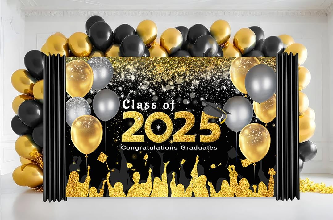 Class of 2025 Graduation SSF20 Backdrop - Elegant Black & Gold Congrats ...