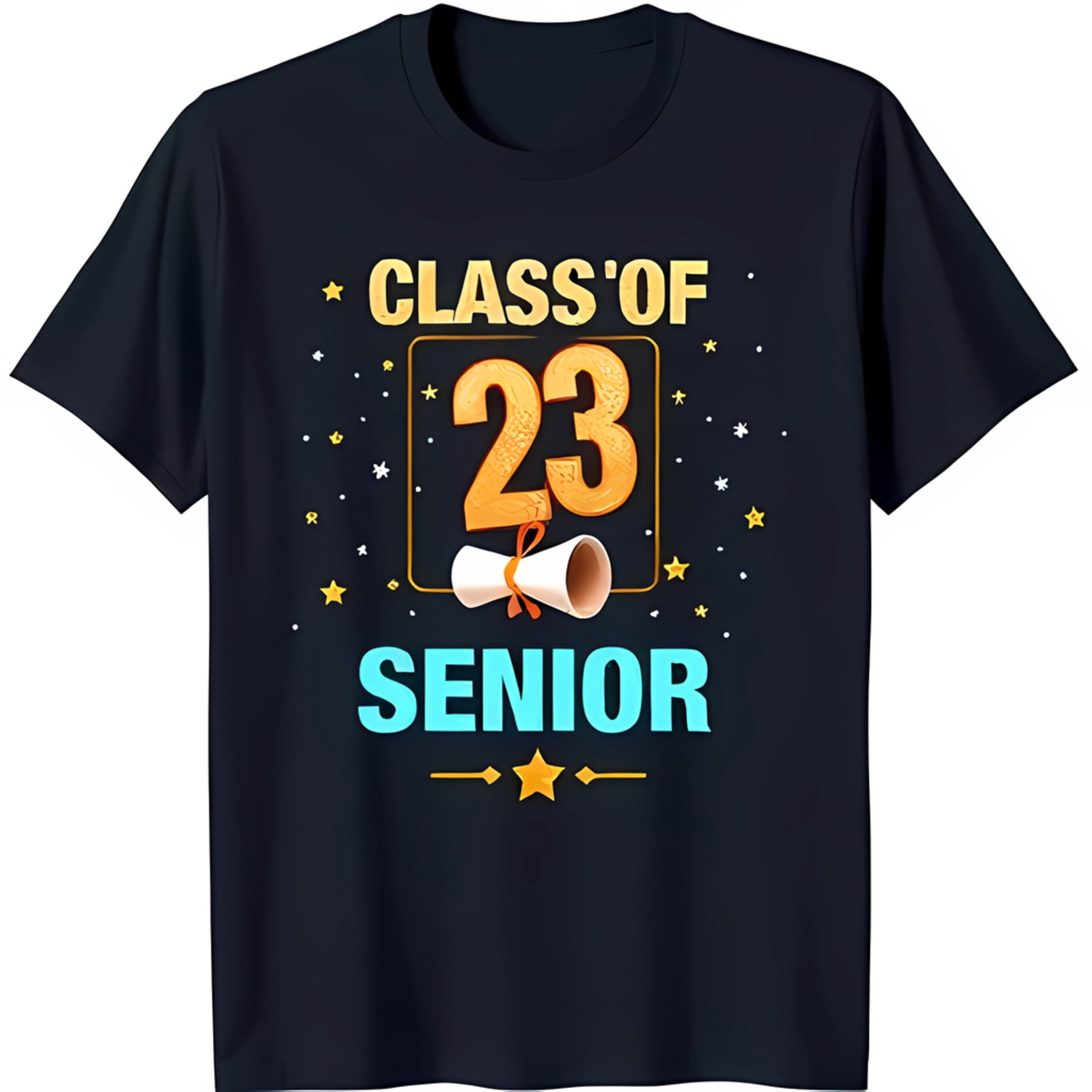 Class of '23 Senior Black T-Shirt with Yellow & Blue Text Gold Stars ...