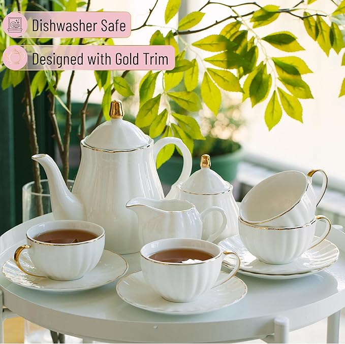 Classic 13-Piece White Tea Set – 7oz Tea Cups, 32oz Teapot with ...