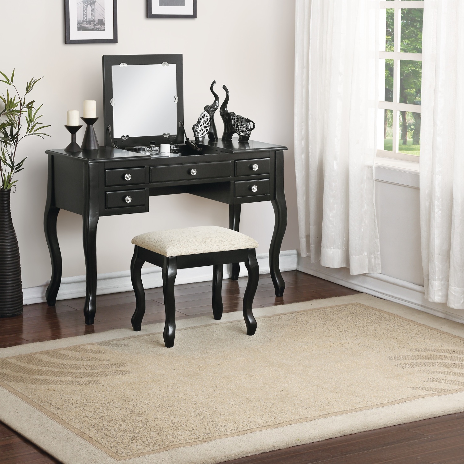 Classic 1pc Vanity Set w Stool Black Color Drawers Open-up Mirror ...