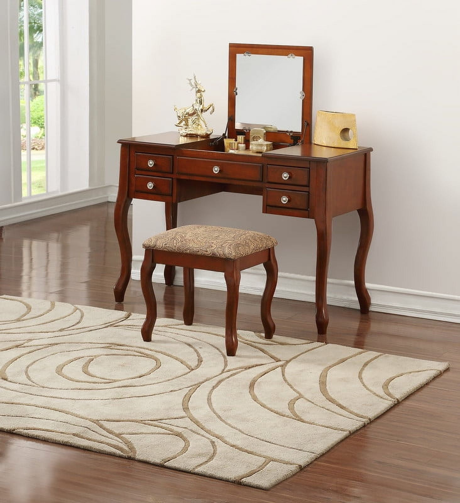 Classic 1pc Vanity Set w Stool Cherry Color Drawers Open-up Mirror ...