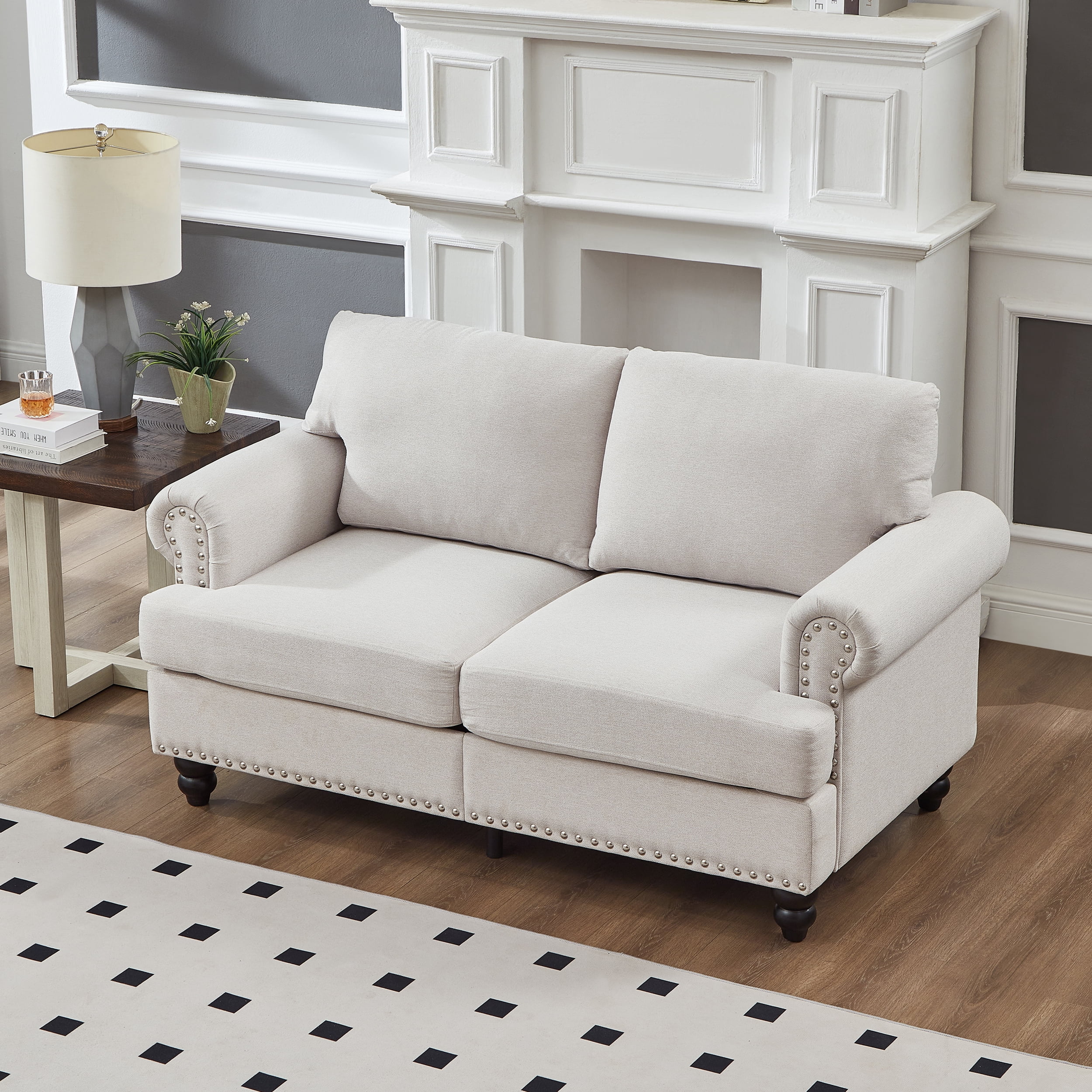 Classic 2 Seaters Upholstered Sofa, 100% Polyester Couch Loveseat with ...