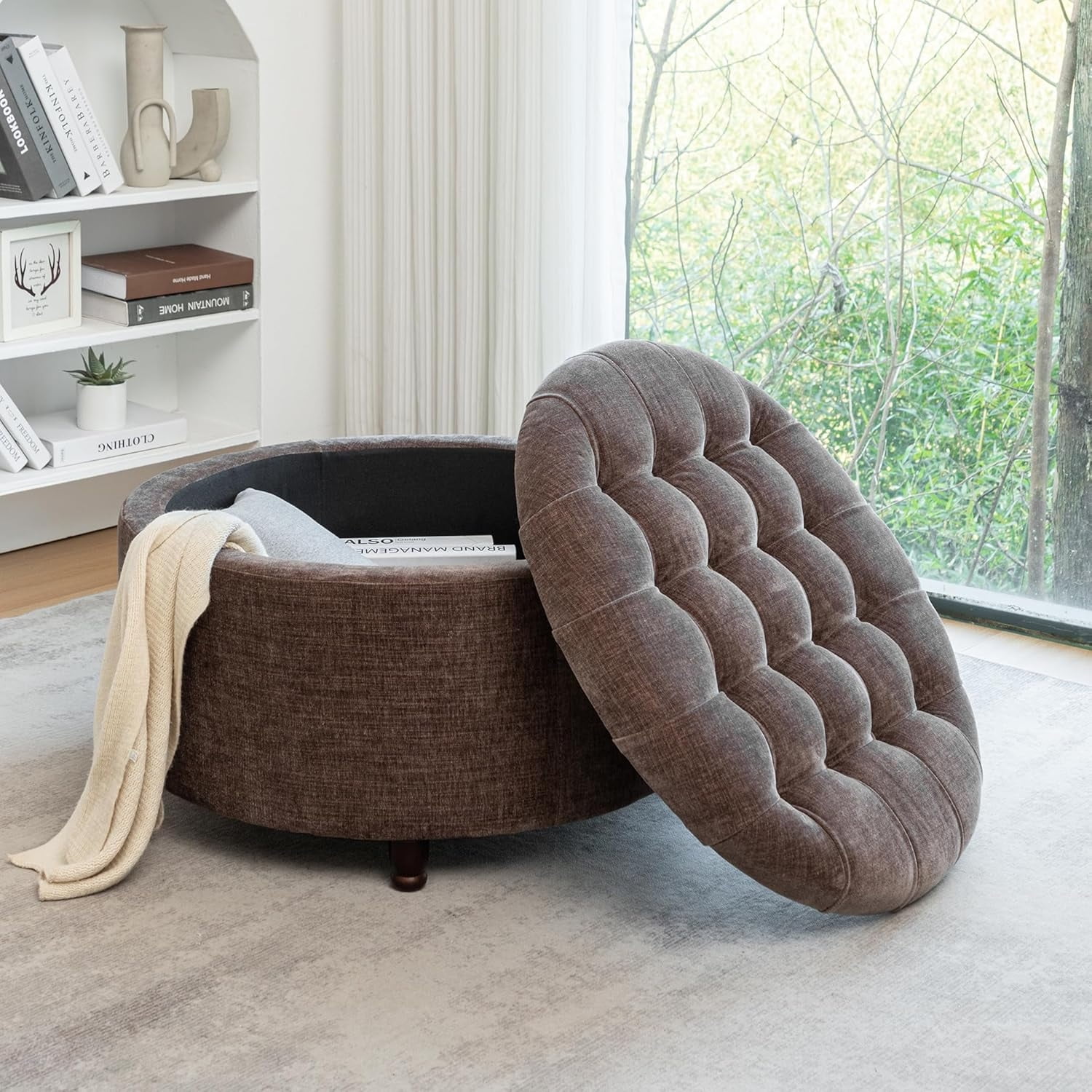 Classic 28-Inch Wide Button Tufted Round Storage Ottoman Footstool with ...