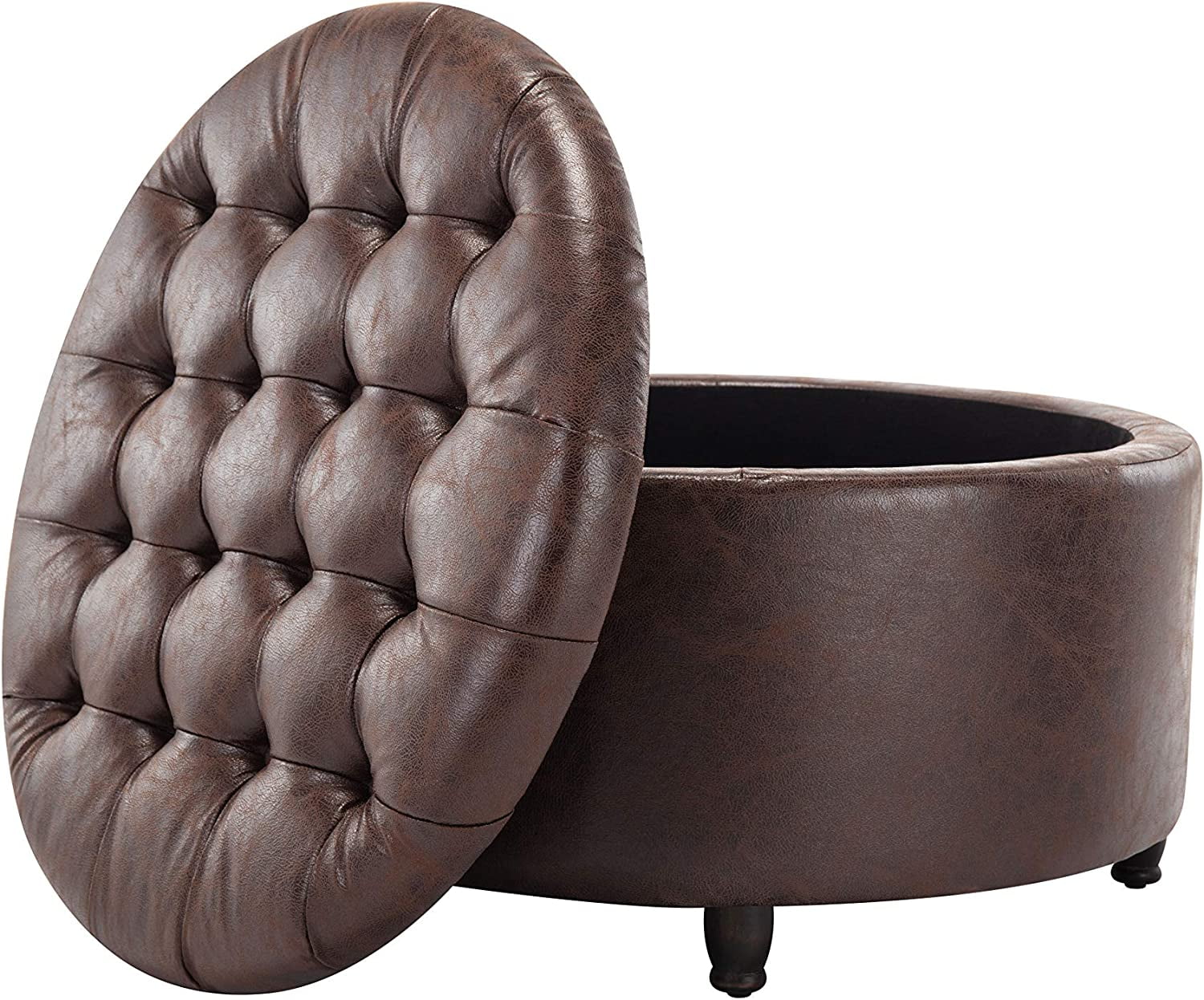 Classic 28-Inch Wide Button Tufted Round Storage Ottoman Footstool with ...