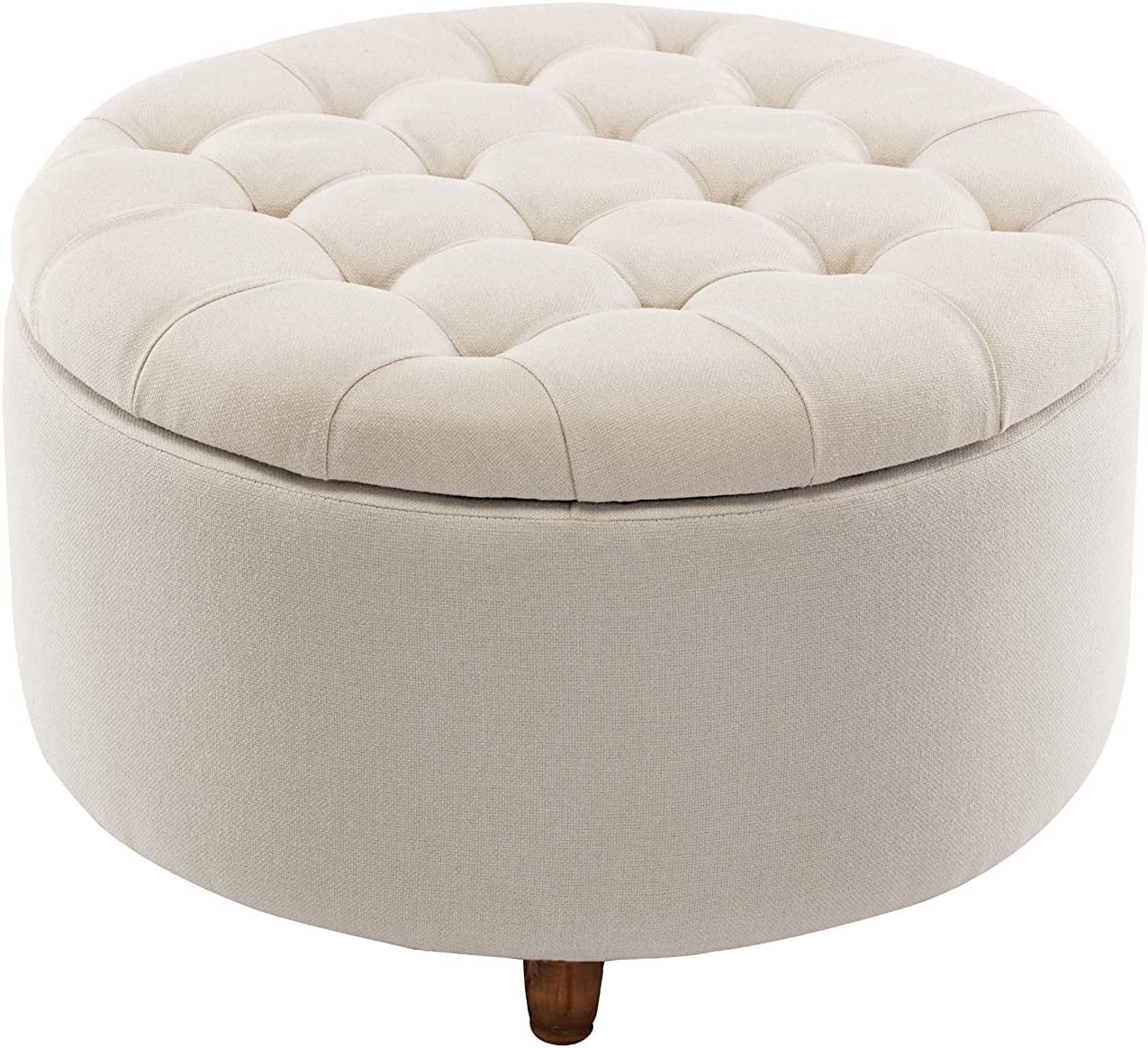 Classic 28-Inch Wide Button Tufted Round Storage Ottoman Footstool with ...
