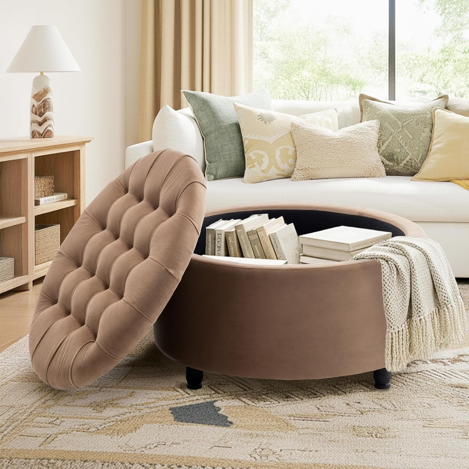 Classic 28-Inch Wide Button Tufted Round Storage Ottoman with Lift-Off ...