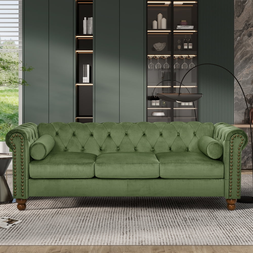 Classic 3-Seater Sofa, Velvet Sofa with Square Arms, Button Tufted ...