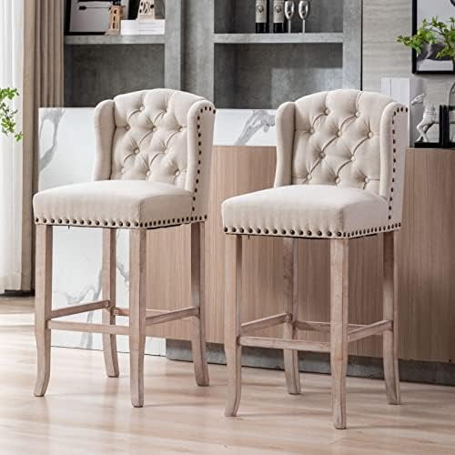 Classic 30" Linen Bar Stools Set of 2, Button Tufted Wingback Tall Bar ...