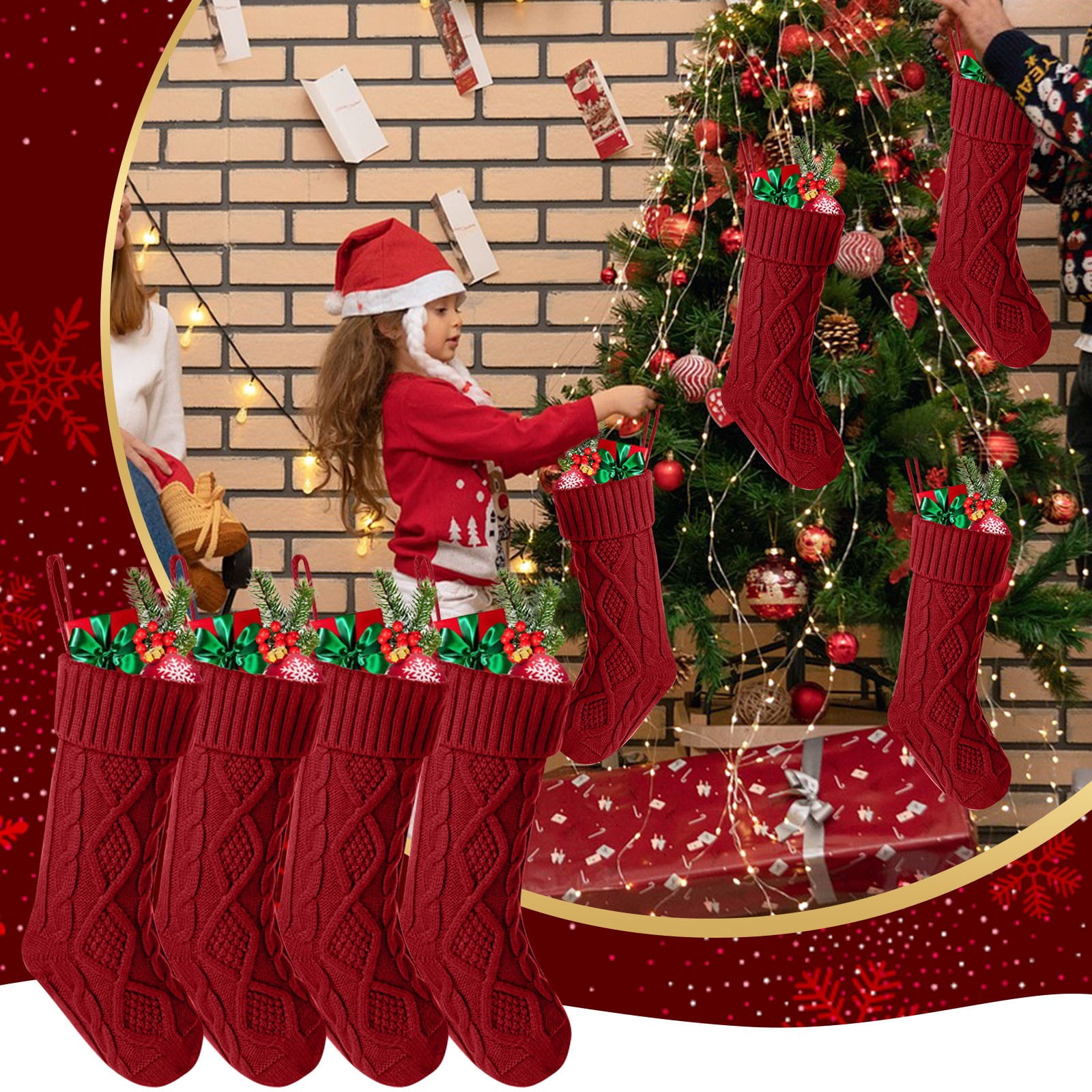 Classic 4 Pack Knit Christmas Stockings Knitted Stocking Decorations ...