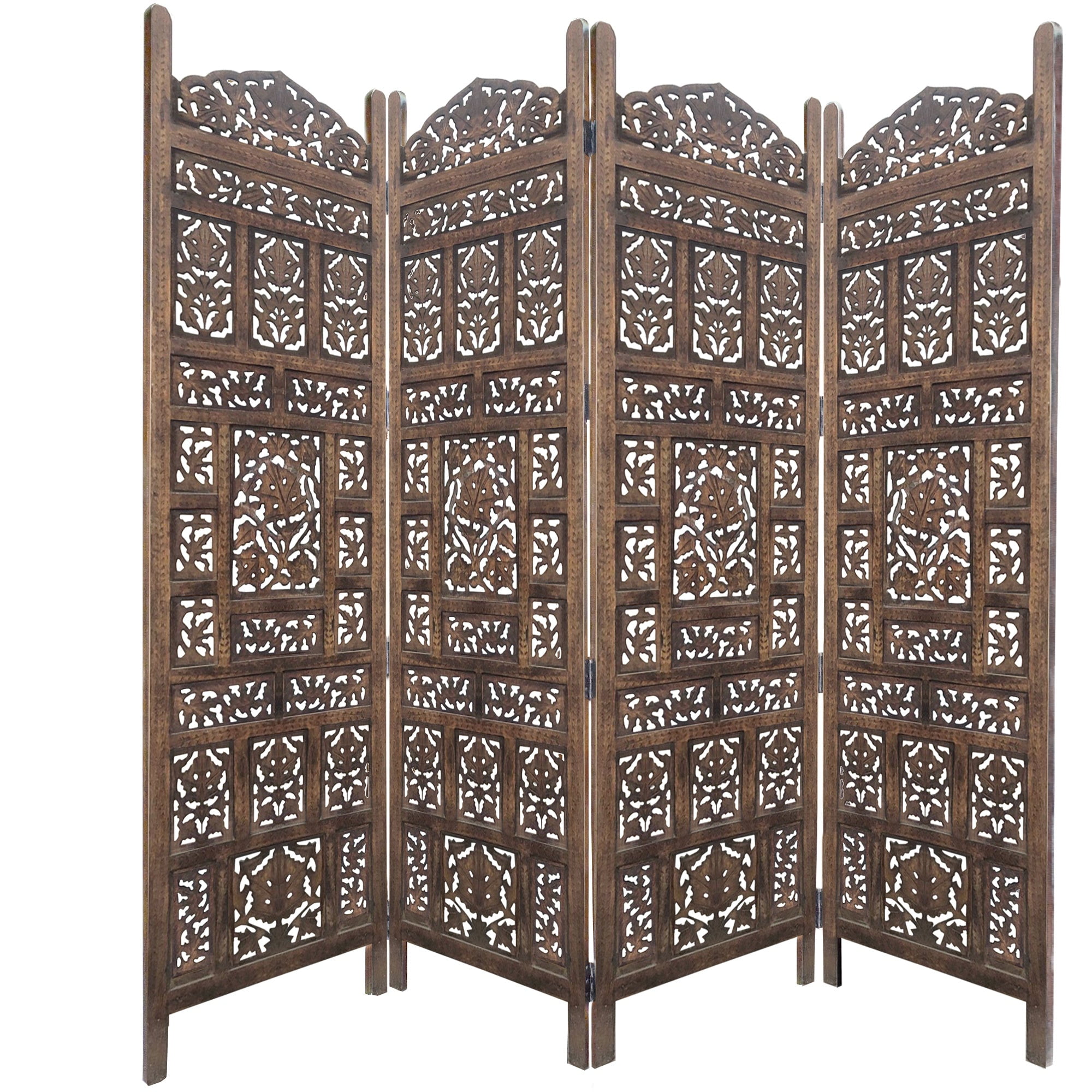 Classic 4 Panel Mango Wood Screen with Intricate Carvings, Brown ...