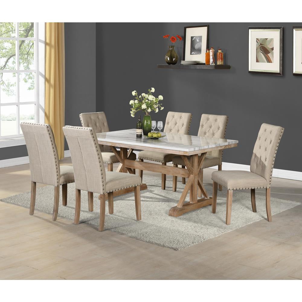 Classic 7 Piece Dining Set: Rustic Dining Table Faux Marble, 6 Linen ...